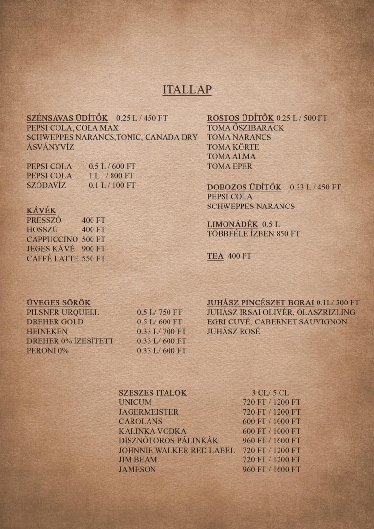 Étlap – Tiszavirág Vendéglő és Pizzéria